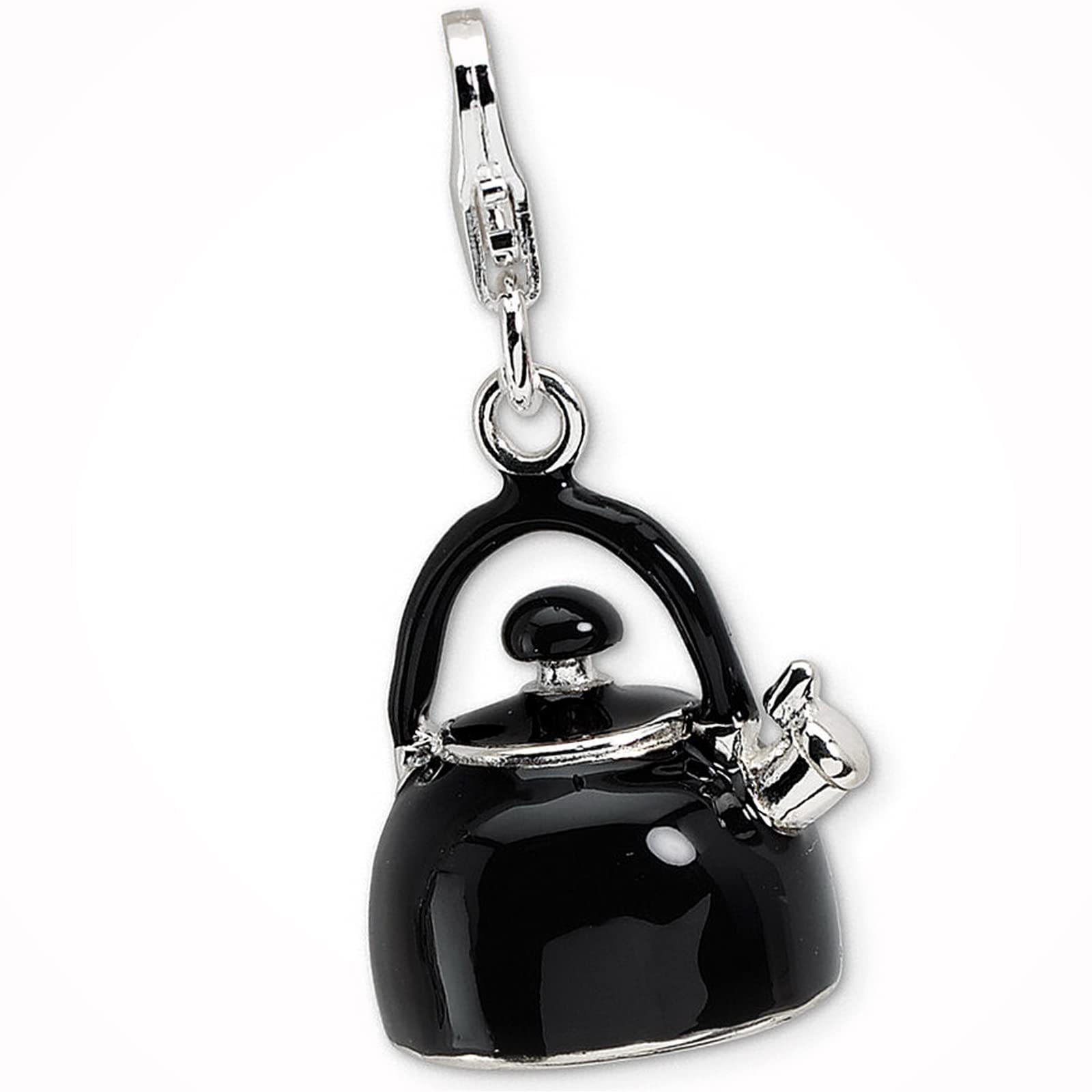 New Black Tea Kettle Charm 3D Enameled .925 Sterling Silver Clip On Charm AC2051ES