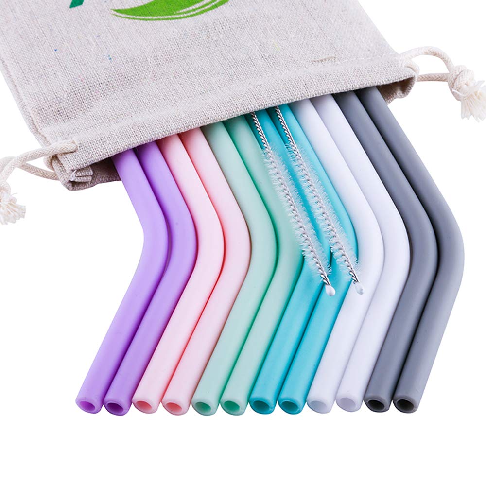 Reusable Straws Silicone Drinking Straws LFGB Approved 12 pcs 10" Extra Long Regular Size for 30/20oz Yeti/Ozark/Rtic Tumblers+2Pcs Brushes+ 1 Linen Pouch