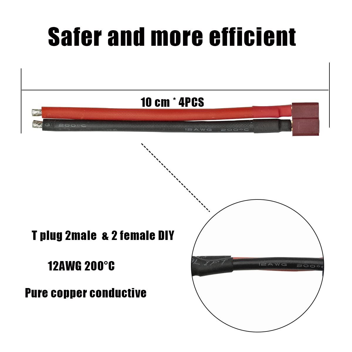 KiiMos 4Pcs Deans T Male & Female DIY Cable, T Plug Soft Silicone Wire Cable for RC Airplane Quadcopter FPV Drone Lipo Battery ESC