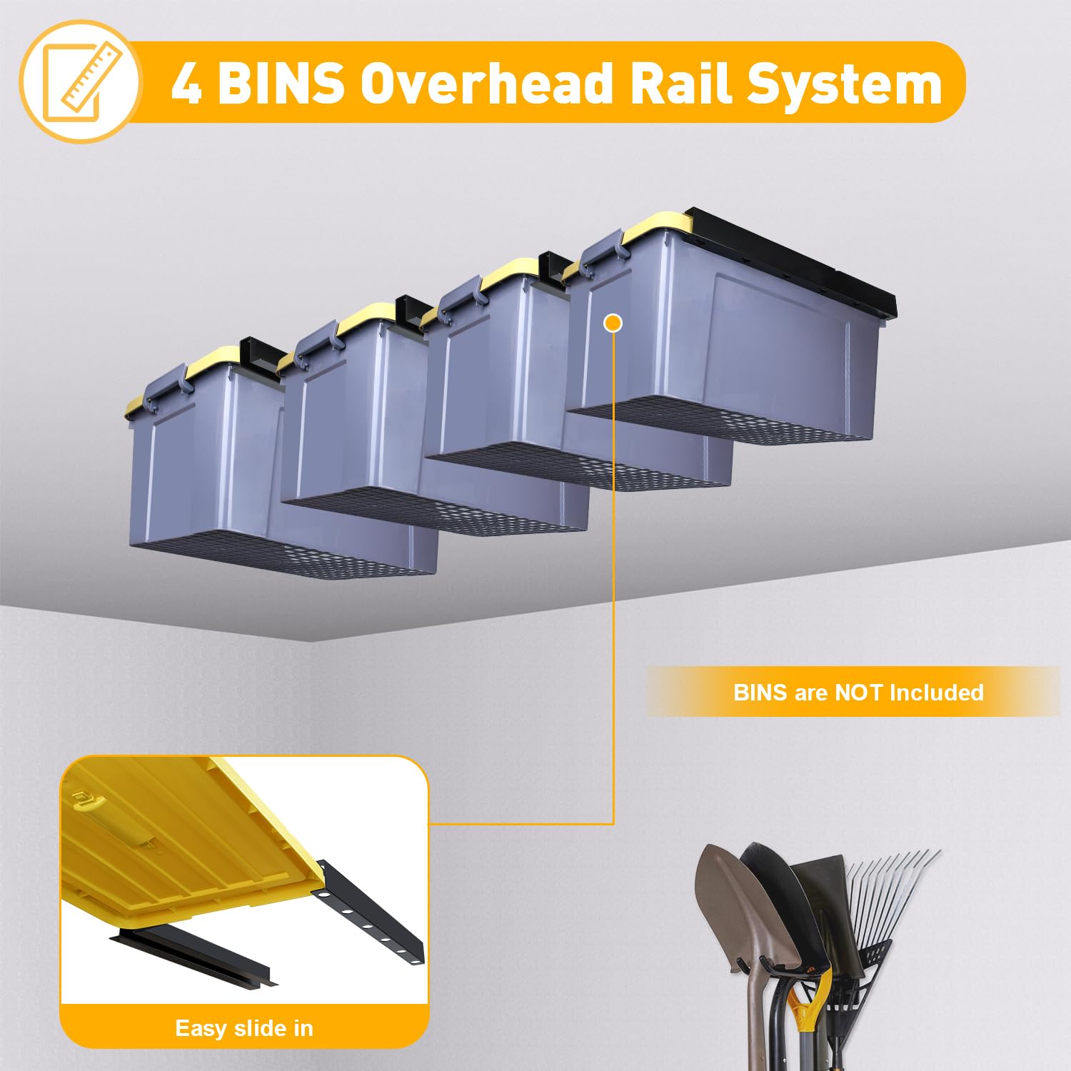 TOPOWN Garage Ceiling Bin Storage Rack, Overhead Tote Storage Rail System Heavy Duty Garage Ceiling Bin Storage Rack, Overhead Tote Storage Rail System, Tote Slide Garage Storage System(for 4 bins)