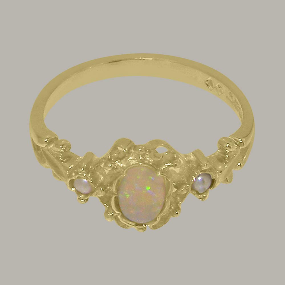 LetsBuyGold 10k Yellow Gold Natural Opal & Cultured Pearl Womens Trilogy Ring - Size 11.25