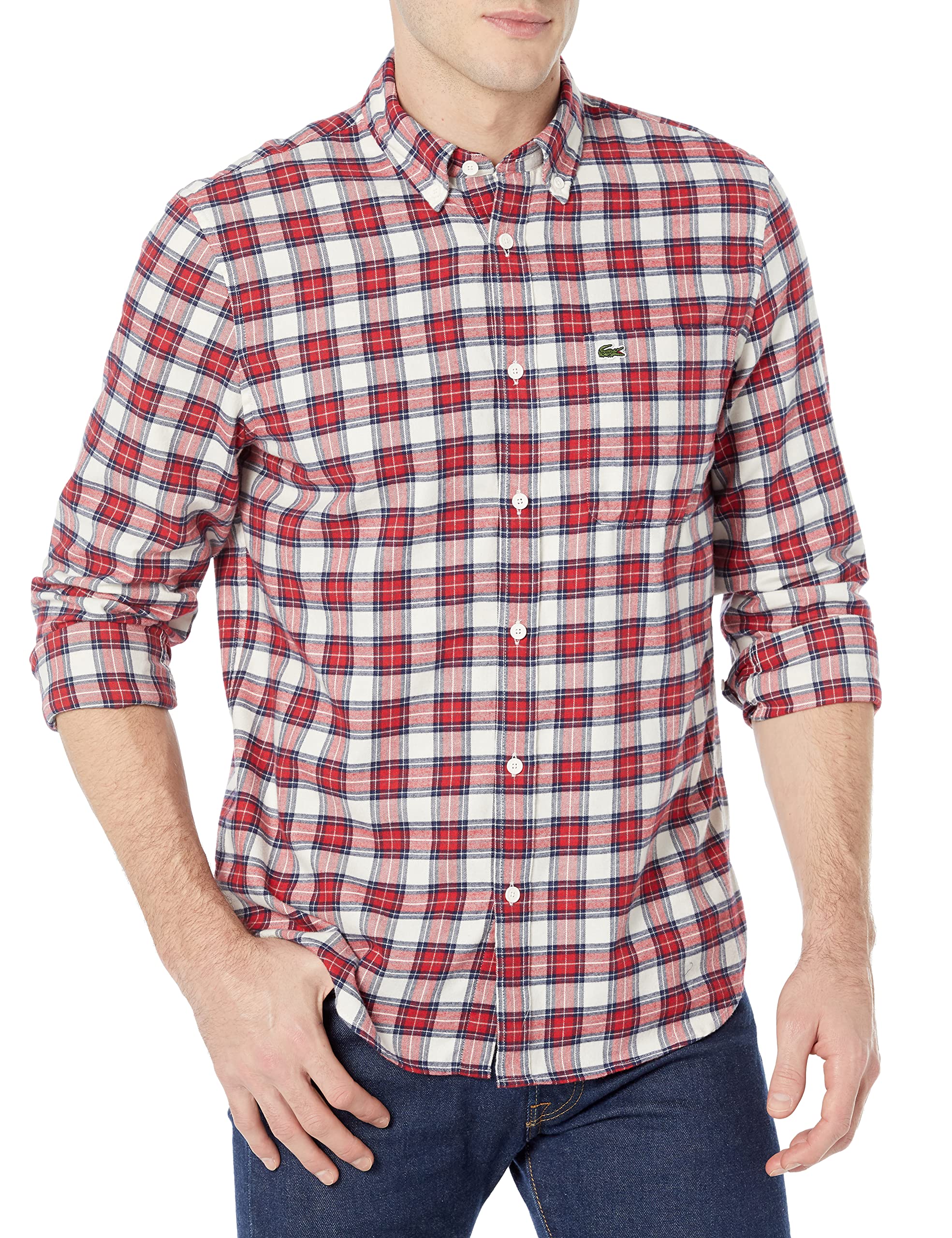 Lacoste Men's Regular Fit Check Print Shirt, LAPONIE/Rouge-Marine, Medium
