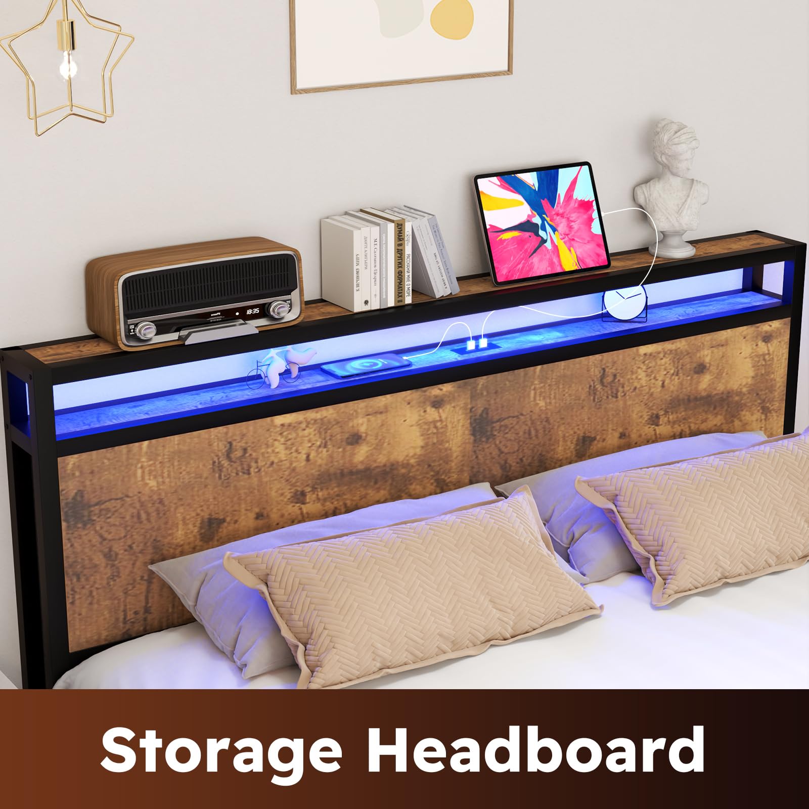 Kiivakii Queen Size Bed Frame with Headboard Storage, LED Platform Bed Built in USB Ports, Noise Free, Heavy Duty No Box Spring Needed, Rustic Brown