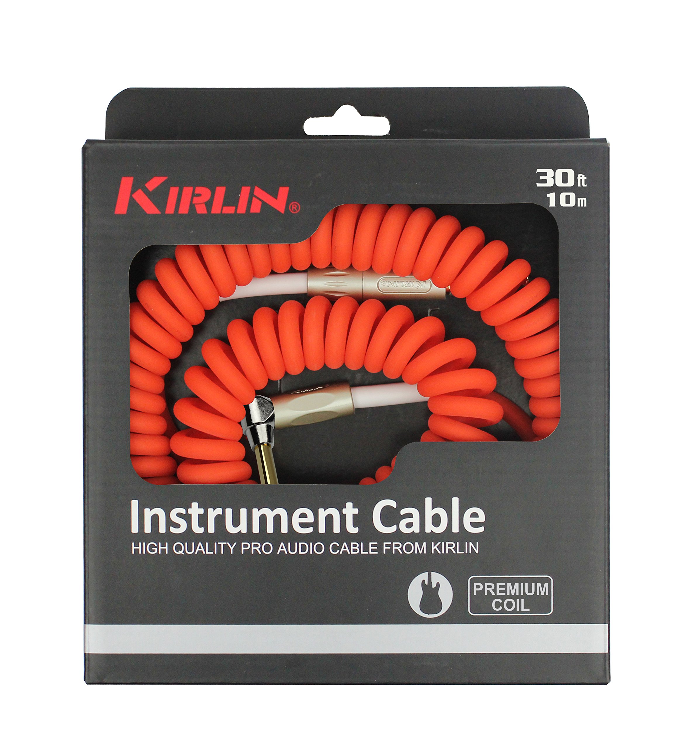KIRLIN Cable Kirlin IMK-202PFGL-30/RDF-Straight Premium Coil Instrument Cable, Red Translucent PVC Jacket-30ft, 1/4" Mono Plug, Straight to Right Angle, (IMK-202PFGL-30/RDF)