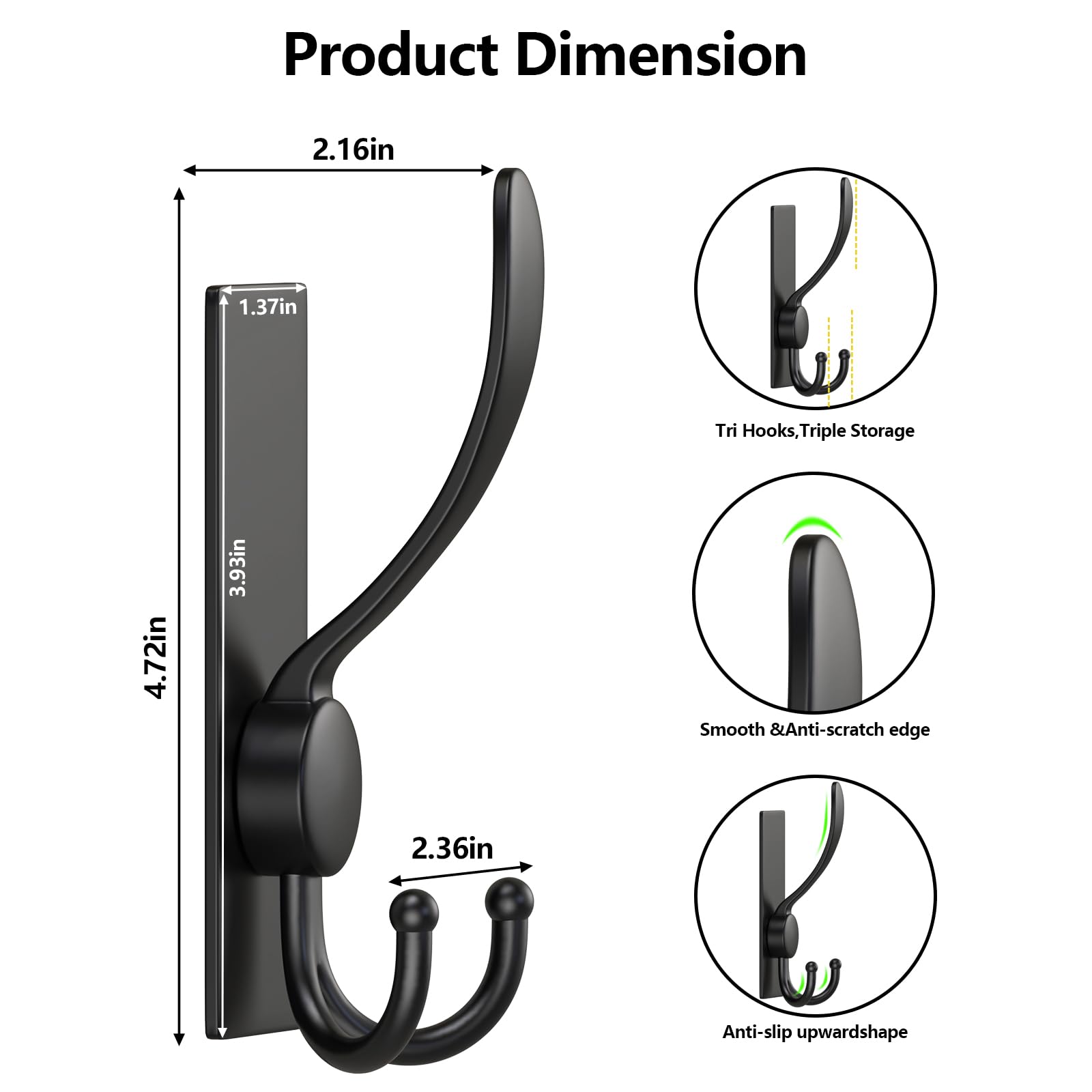 VINHOLD Self-Adhesive Coat Hooks with Tri Hooks, Metal Wall Mounted Towel Hooks for hanging towels, coats, hats, pans, Utility Hooks for bathrooms, bedrooms,kitchens(2 pack,Black)