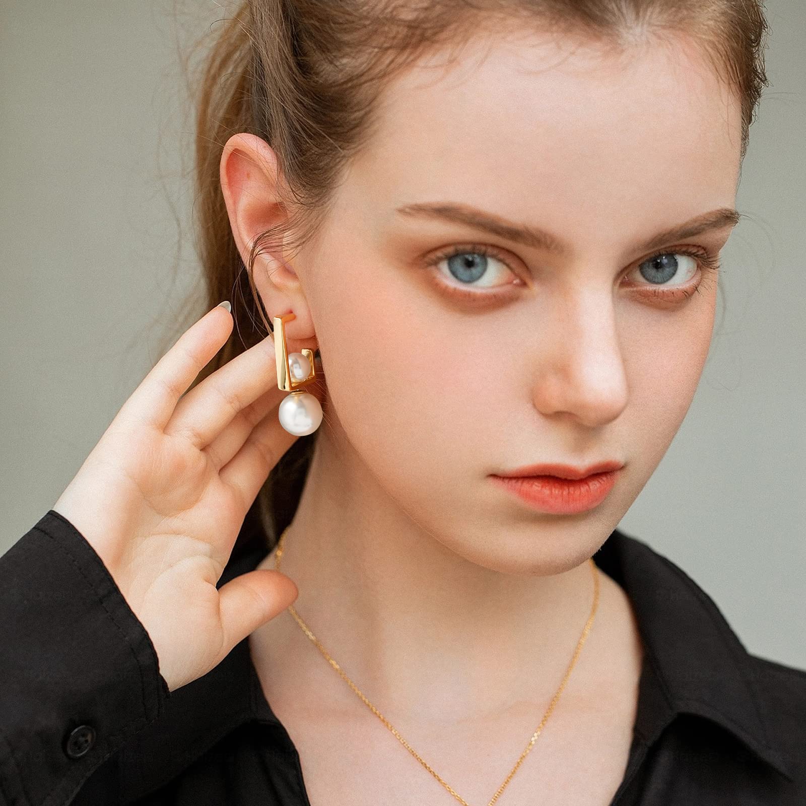 Pearl Earrings Studs 16K Gold Plated Multi-Wearing Pearl Pendants 925 Sterling Silver Needle Double Sided Earring for Women