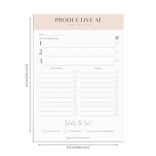 Manifest Your Purpose Productive AF Notepad, Daily Planner, Simple Pink Notepad, Organizer, To - Do Lists, Size A5, Undated Planner (50 Sheets),