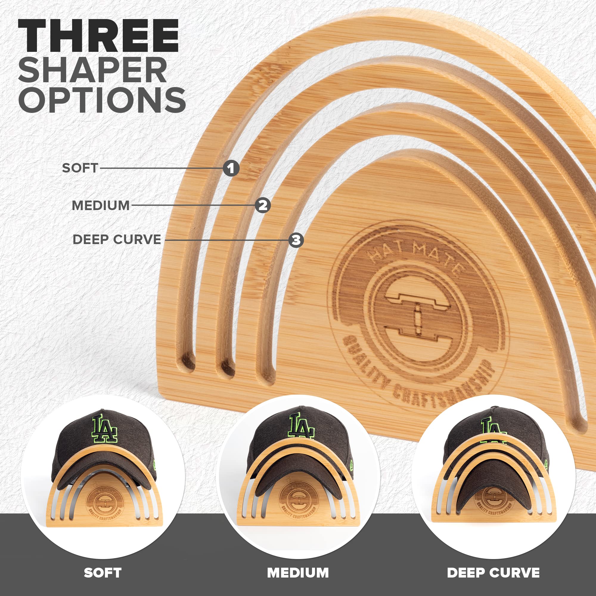 Premium Hat Brim Bender, FREE Hat Brush with 2 Bill Bender Tools, Bamboo Design with 3 Shaper Options, Steaming Optional, Hat Curving Band, Baseball Cap - US Patent Pending