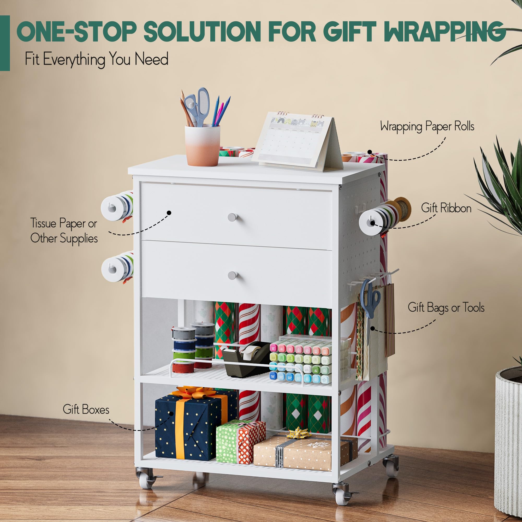 ๐ฌ๐๐บ๐ธ๐ณ๐ผ๐ถ Wrapping Paper Storage Cart, Rolling Gift Wrap Station with Ribbon and Gift Bag Storage, Wrapping Paper Organizer Holder, Craft Organizers and Storage for Christmas
