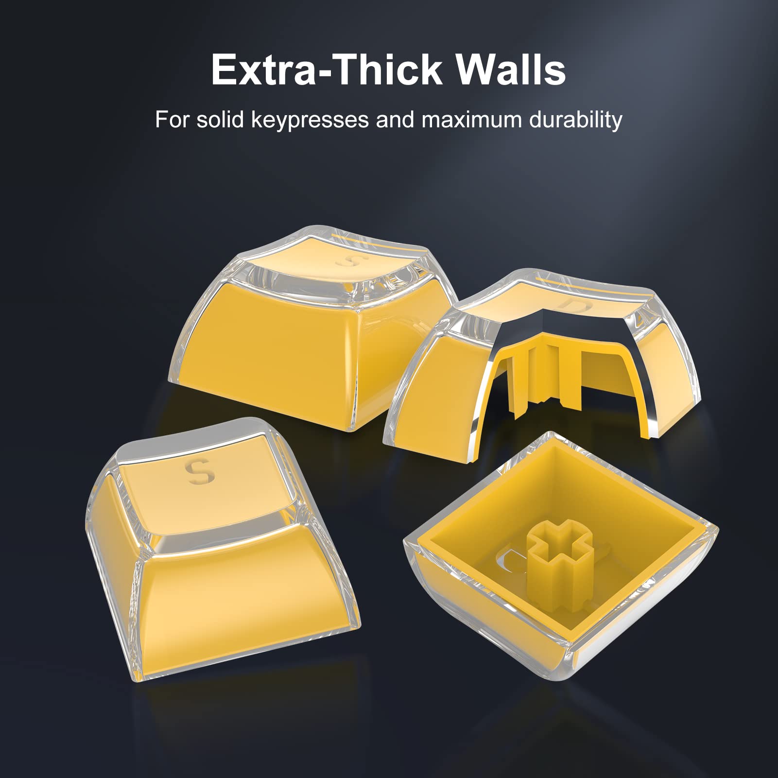 NPET KC30-03 Doubleshot Keycap Set with Translucent Layer, Crystal Keycaps for Mechanical Keyboards, Standard 104 Key Set, US Layout, Yellow