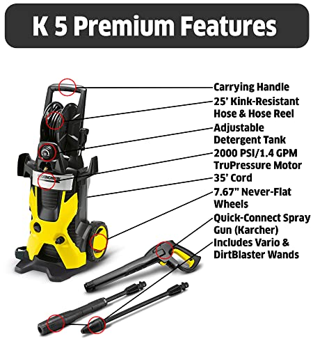 Kärcher K5 Premium Electric Pressure Washer 2000 PSI - with Vario Power & Dirtblaster Wands, Pressurized Hose Reel - 1.4 GPM