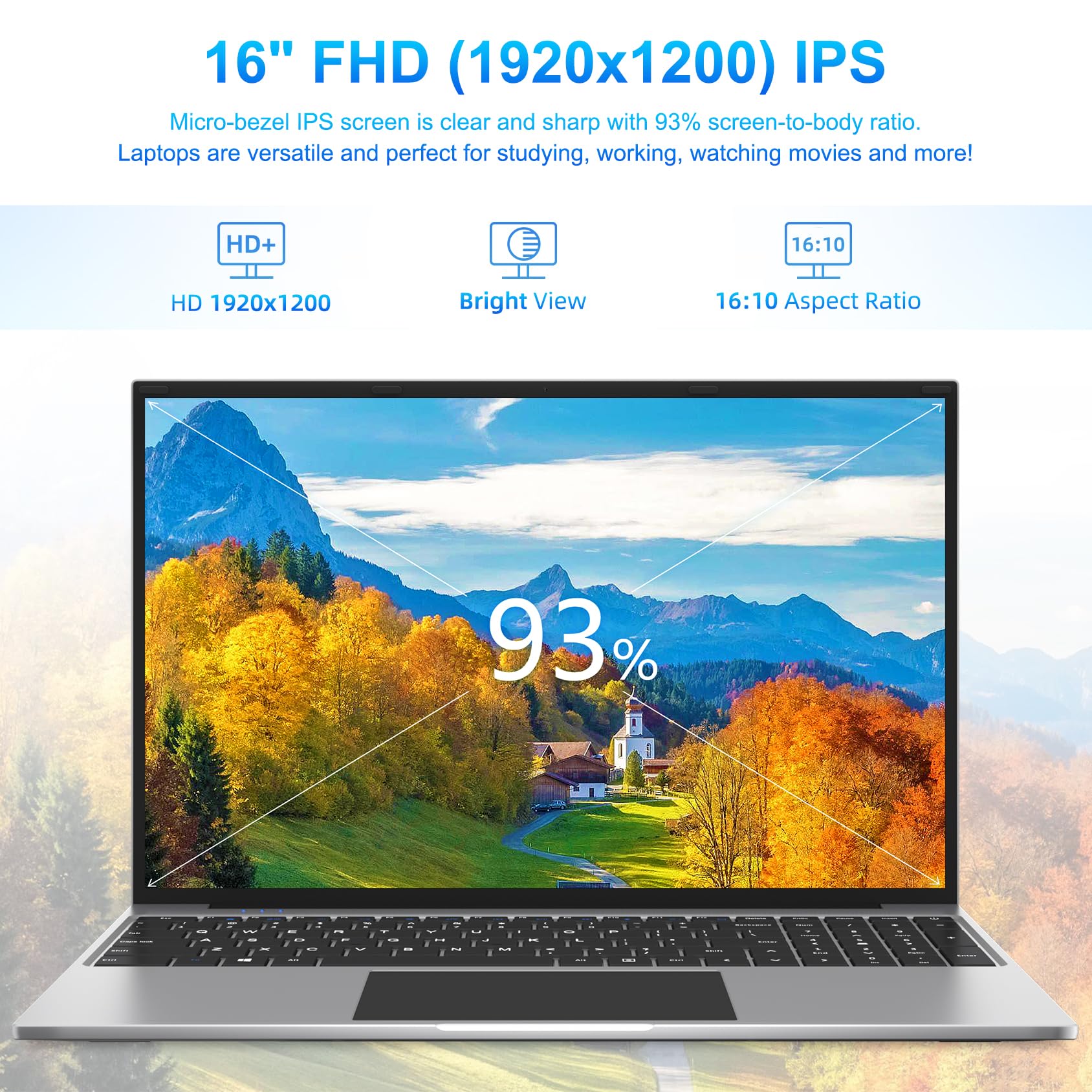 jumper Laptop Computer 16", Laptops Quad Core N100 CPU(Up to 3.4G), FHD IPS 1920x1200 Display, 16GB DDR5 512GB SSD, Lap Top with 2.4G+5G WiFi, Cooling System, 4 Stereo Speaker, 38WH Battery.