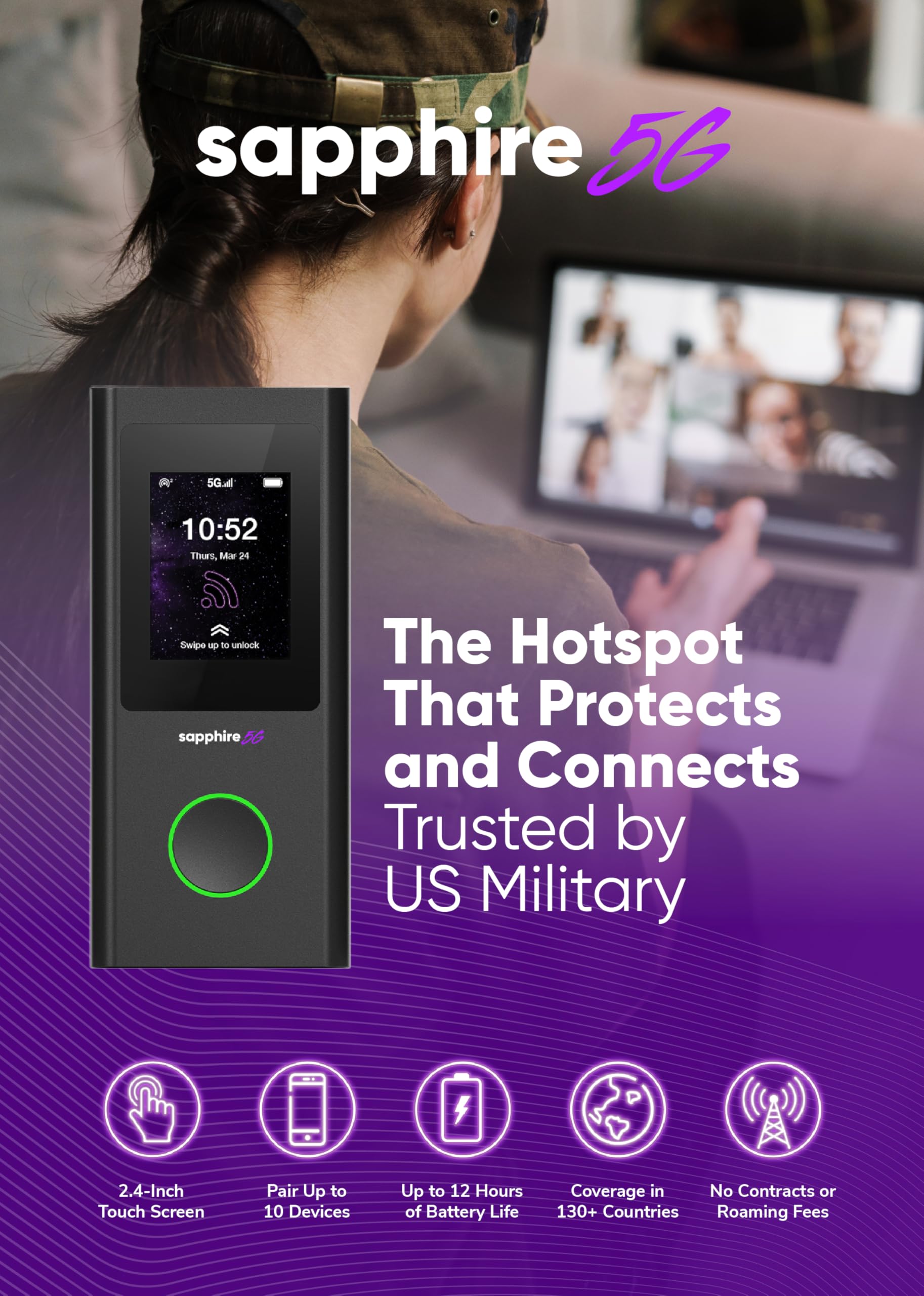 TravelWifi Sapphire 5G Mobile Hotspot, Portable WiFi Hotspot for Travel, CloudSIM Technology, Large Touch Screen, Network Congestion Monitoring, Preloaded 5GB Free Global Data, Optional Sim Card Slot