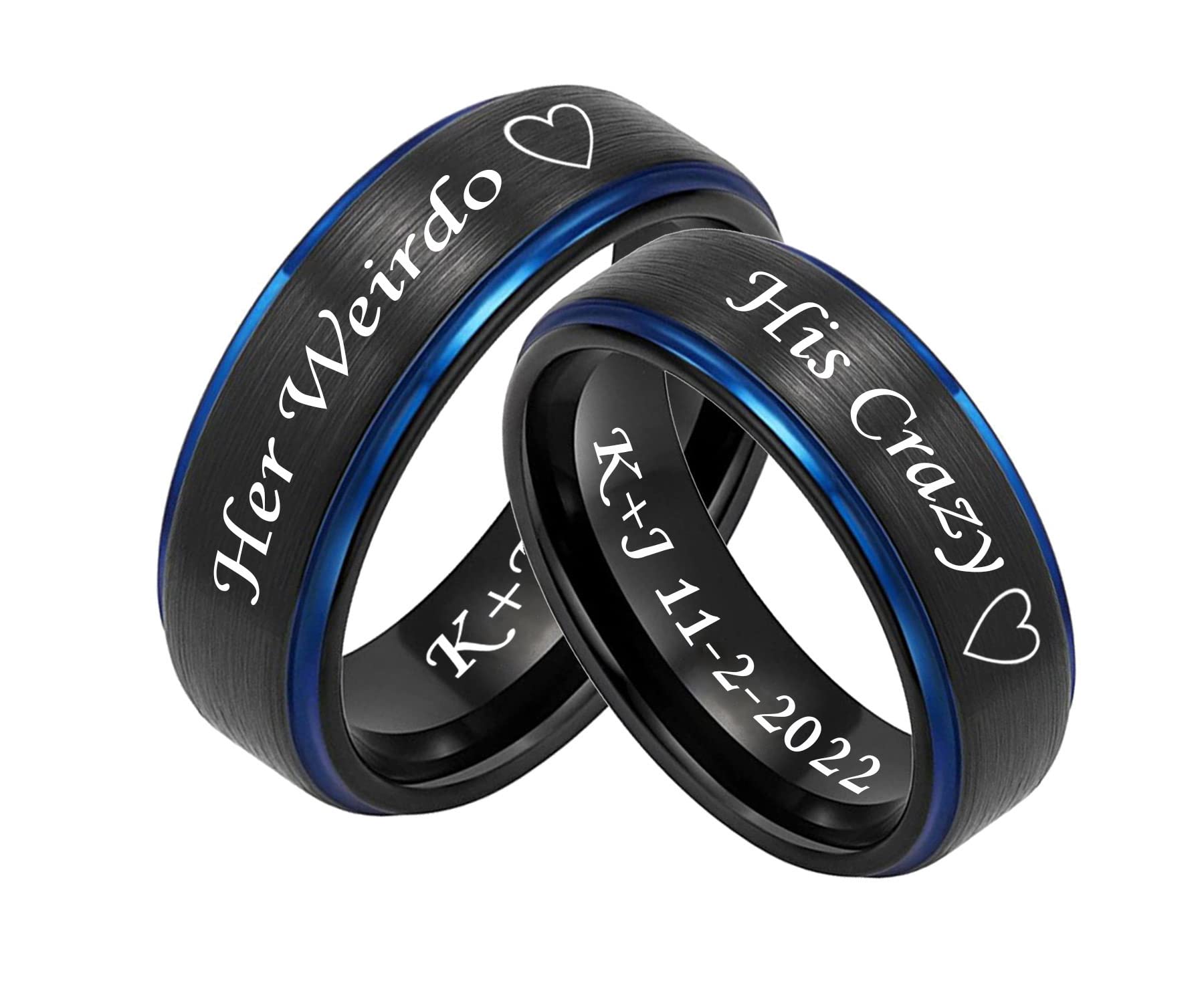 MZZJ Personalized Inside Her Weirdo & His Crazy Couple Matching Ring 2 Tone Brushed Matte Black Tungsten Blue Step Edge Wedding Band Promise Engagement Rings for Him Her