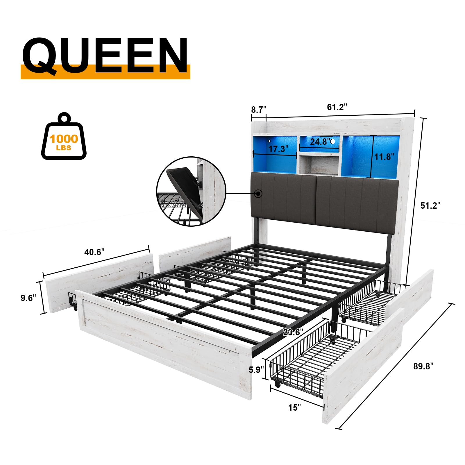 YUMPIE Full Bed Frame with Bookcase Headboard, Farmhouse Upholstered Platform Bed with 4 Storage Drawers, LED Bed with Charging Station, Wood Slats Support, No Box Spring Needed, Distressed White