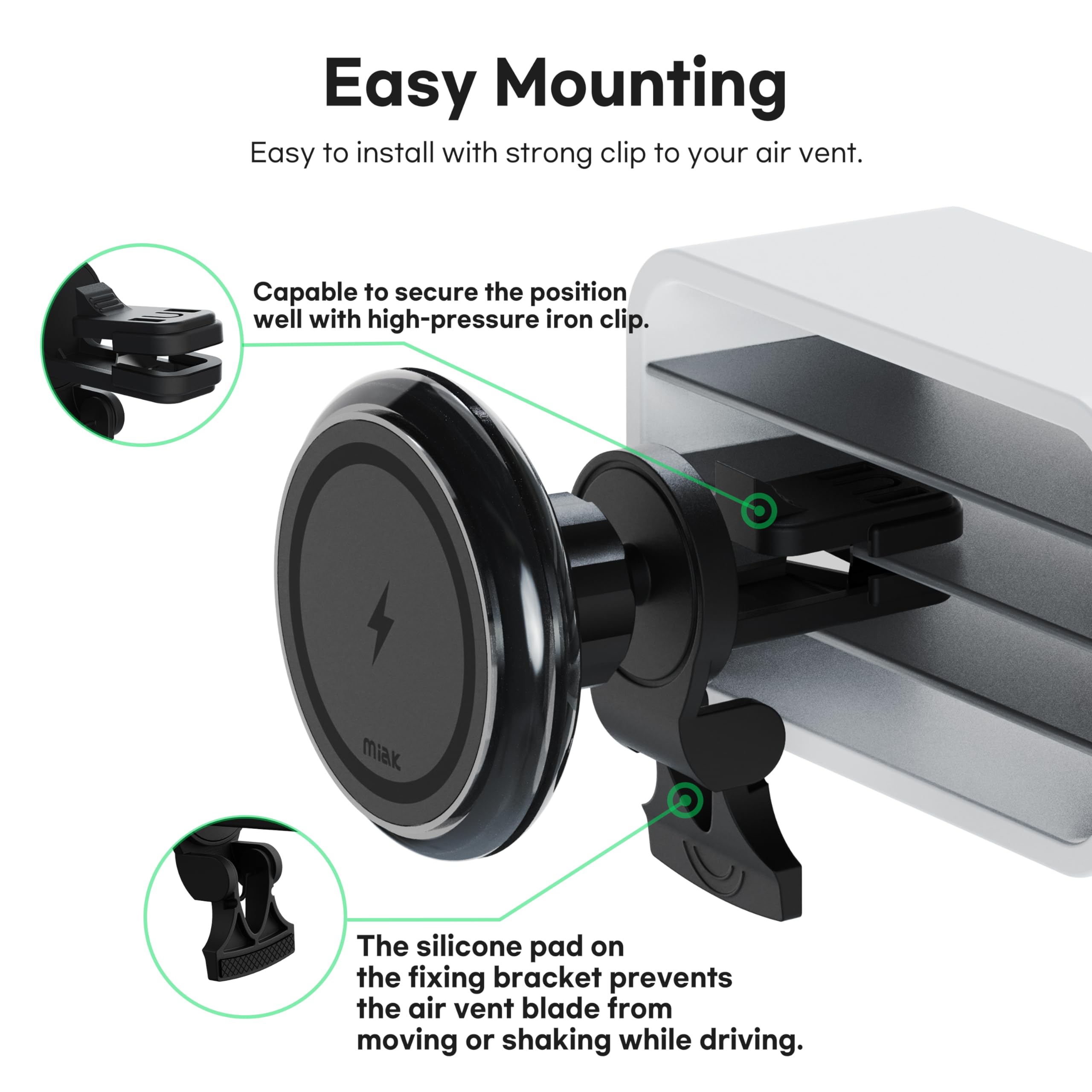 miak for Magsafe Car Mount Charger, Strong Magnet, Wireless 15W Fast Charging Music Reactive LED Car Stand