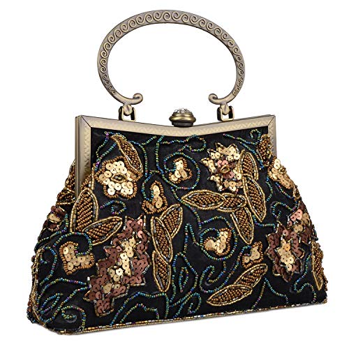 KISSCHIC Women's Vintage Sequins Beaded Evening Bag Handbag Wedding Clutch Handle Bag Formal Hand Bag (Black)