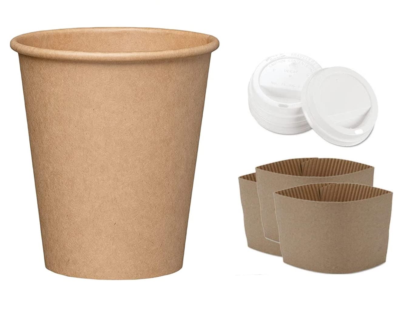 Mr Miracle Set of Tan Paper Hot Cups with White Lids and Kraft Paper Sleeves. Pack 50