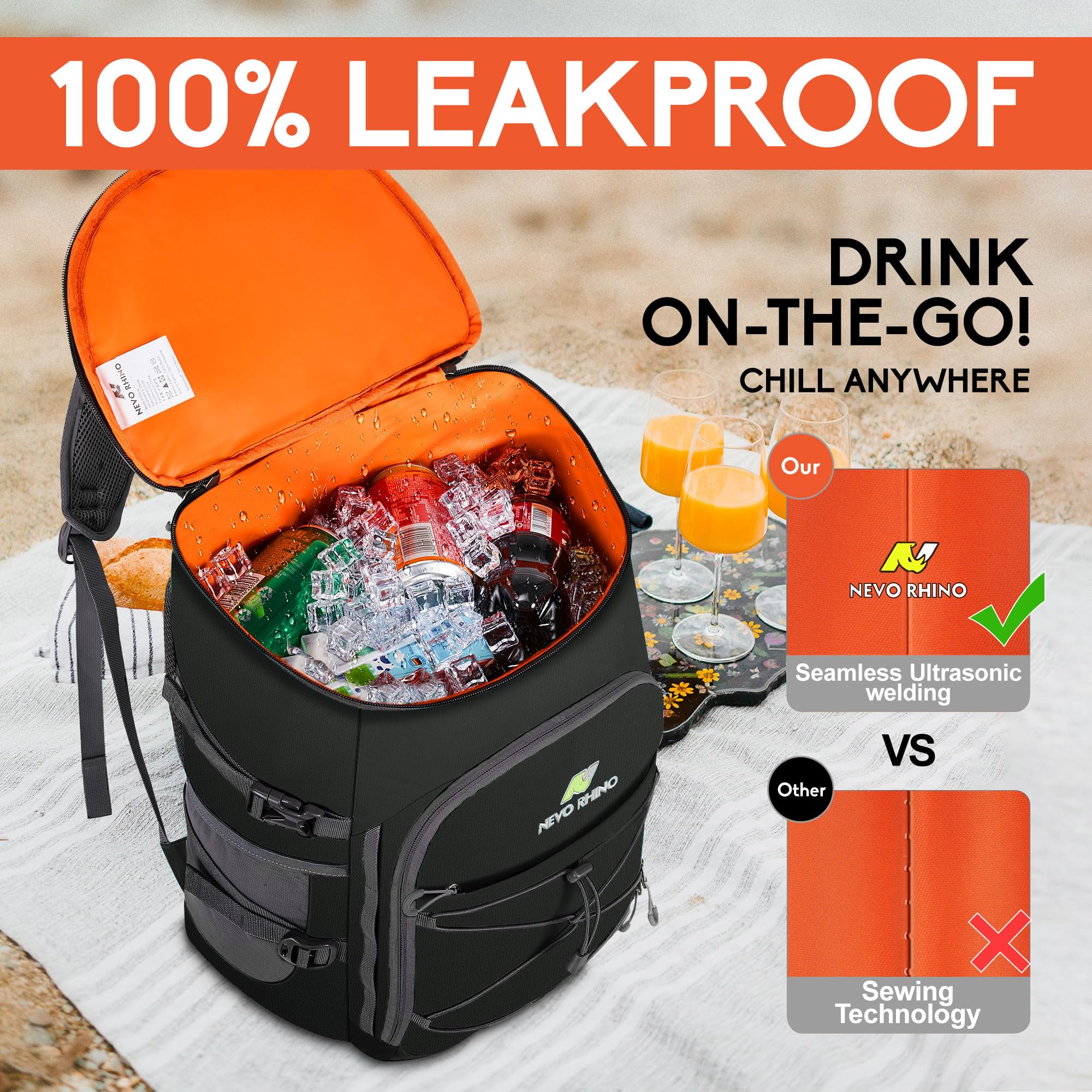 N NEVO RHINO Backpack Cooler, 36 Cans, Black, Nylon, Leakproof, Insulated, Large Capacity, Waterproof