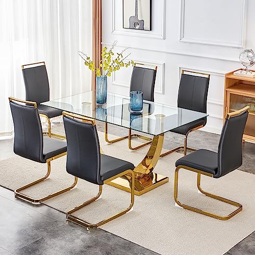 Wlvos 62.8" Rectangular Glass Dining Table for 4-6 with 0.39" Tempered Glass and Golden Chrome Metal Special-Shaped Bracket, for Kitchen Dining Living Meeting Room Banquet Hall (Golden)