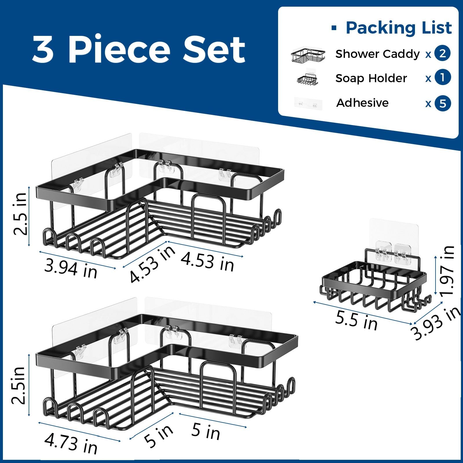 YUNISS Corner Shower Caddy 3 Pack,Adhesive Shower Corner Organizer Shelves with Soap Holder,No Drilling Shower Storage Rack for Bathroom and Kitchen (Black 3)