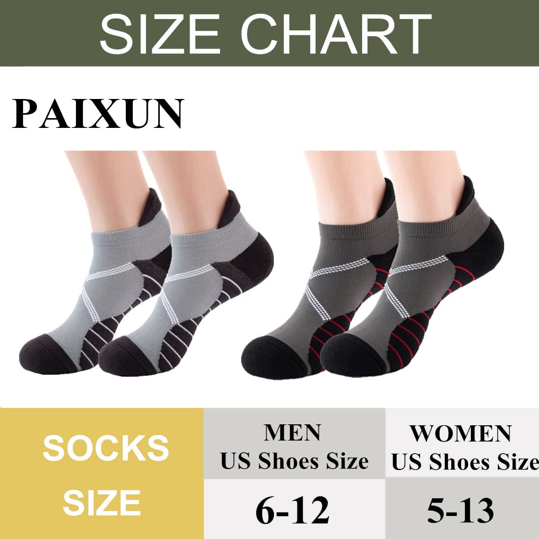 PAIXUN Mens Compression Socks For Men Women Cotton Athletic Running Workout Size 6-13 No Show Low Cut Crew Socks