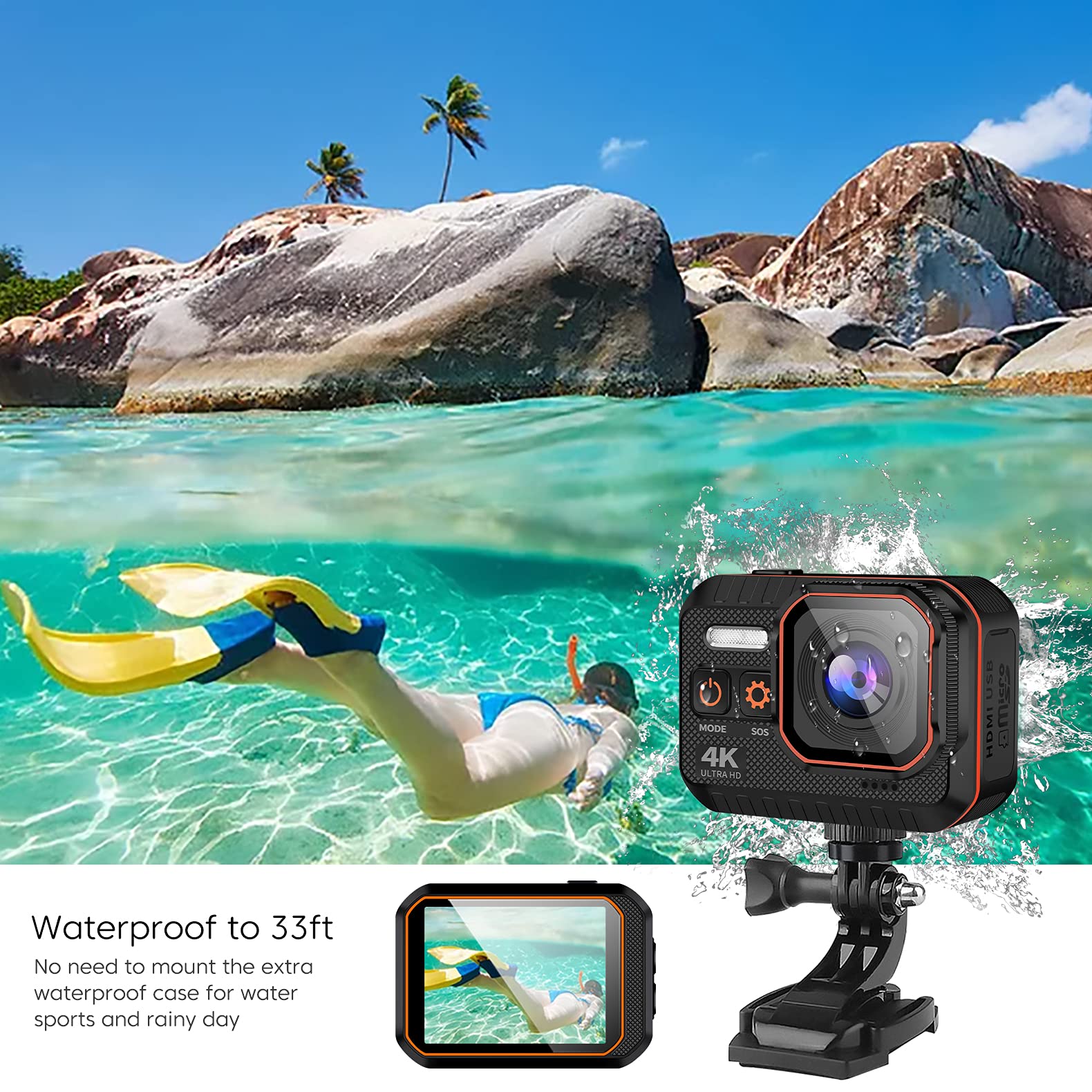 novzzovaz Action Camera 4K 16MP WiFi Sports Camera IPX8 33FT Waterproof Camera EIS 170° Wide Angle Underwater Camera with Remote Control Accessories Kit and Carrying Case