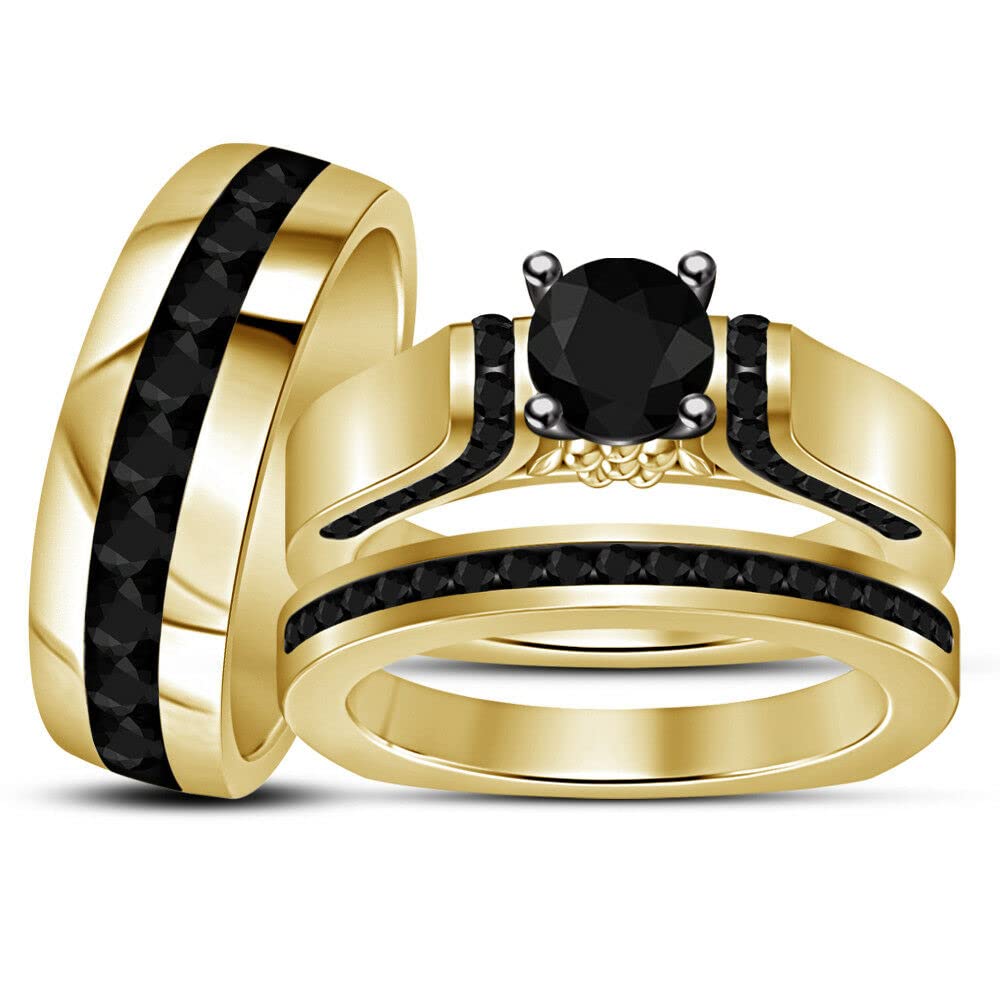 Palaksh Round Cut Black Diamond In 925 Sterling Silver 14K Yellow Gold Over Diamond Engagement Wedding Trio Ring Set for Him & Her