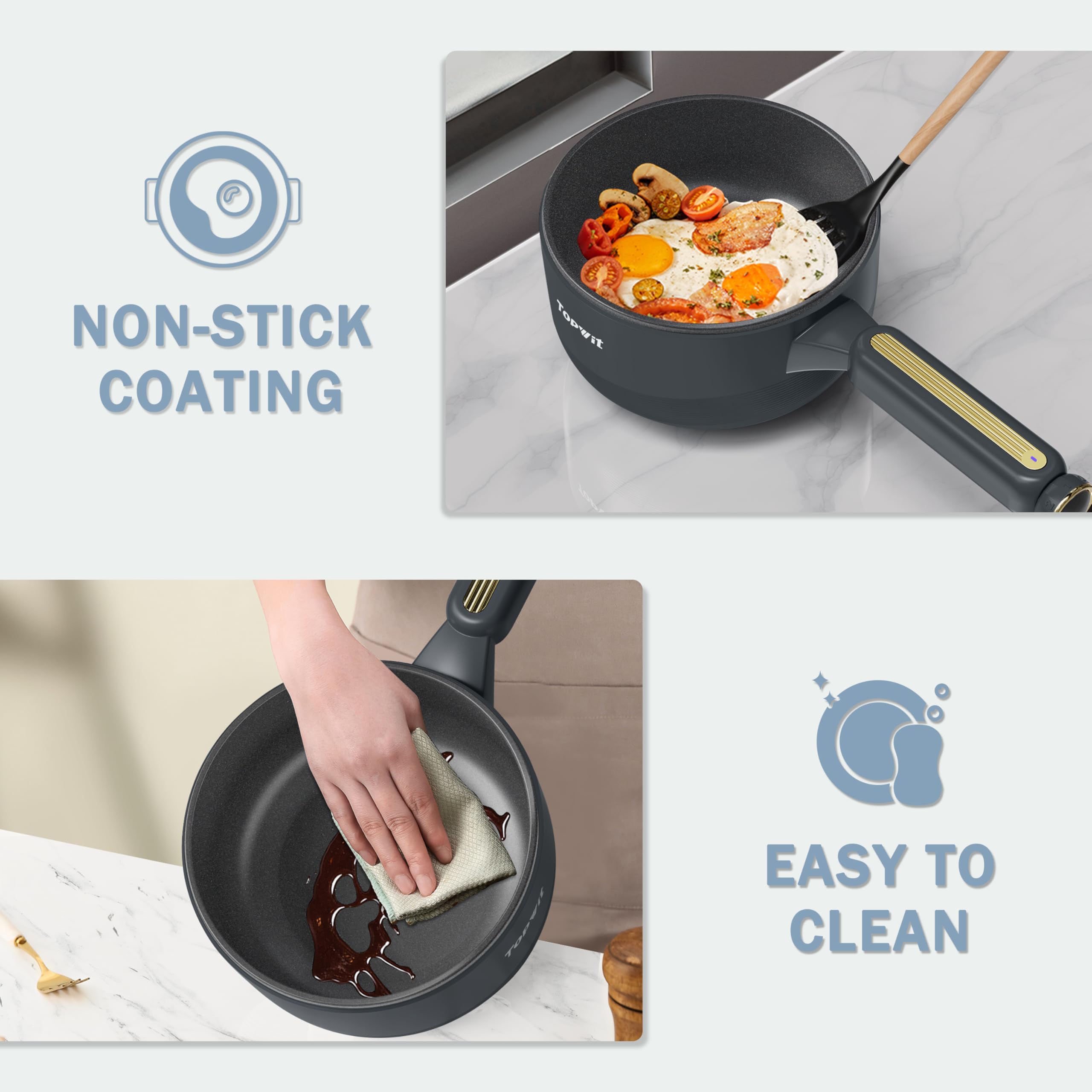 TOPWIT Hot Pot Electric with Steamer, 2L Multifunctional Electric Pot, Non-Stick Fring Pan, Portable Pot for Steak, Fried Rice, Ramen, Soup with Dual Power Control (Silicone Spatula Included), Grey