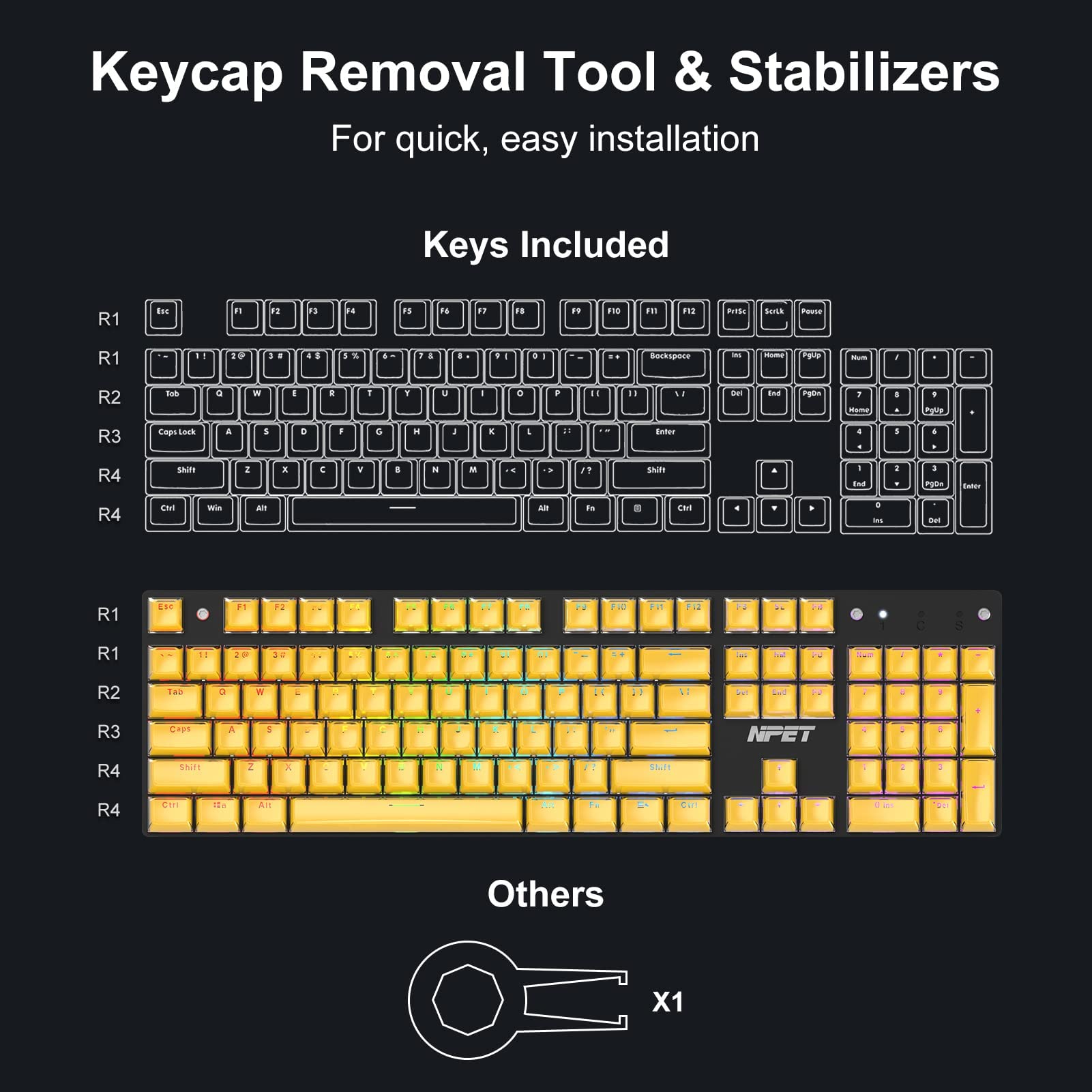 NPET KC30-03 Doubleshot Keycap Set with Translucent Layer, Crystal Keycaps for Mechanical Keyboards, Standard 104 Key Set, US Layout, Yellow