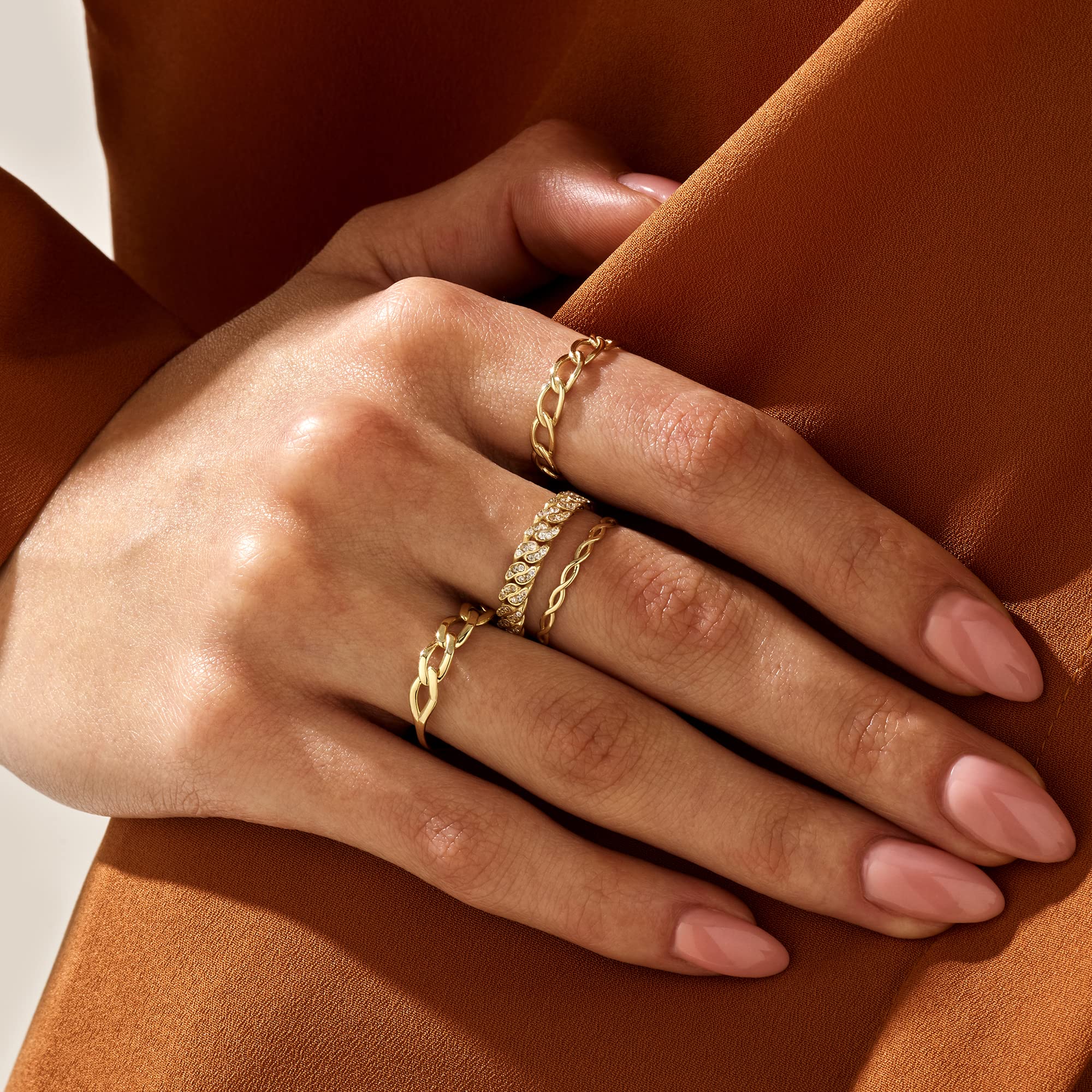 Norm Jewels Eternity Cuban Chain Ring in 14k Solid Gold Stacking Rings for Women in Yellow White Rose Gold (Yellow Gold, 6)