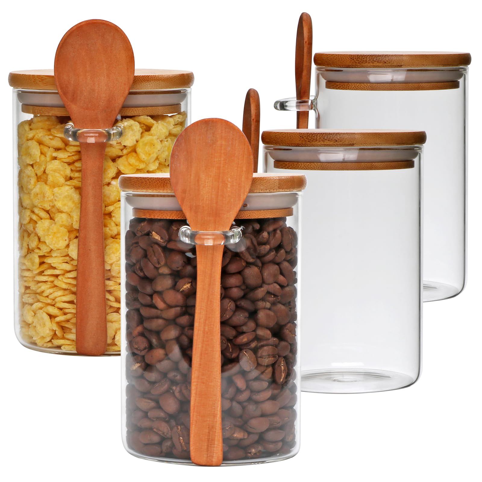 Mapoxy 4 Pack Airtight Glass Jars with Bamboo Lid and Spoons, 16 Oz Food Storage Container Sealed Overnight Oats Canisters for Flour, Coffee, Sugar, Tea, Beans, Cookies, Candy, Cereal, Nuts, Spices