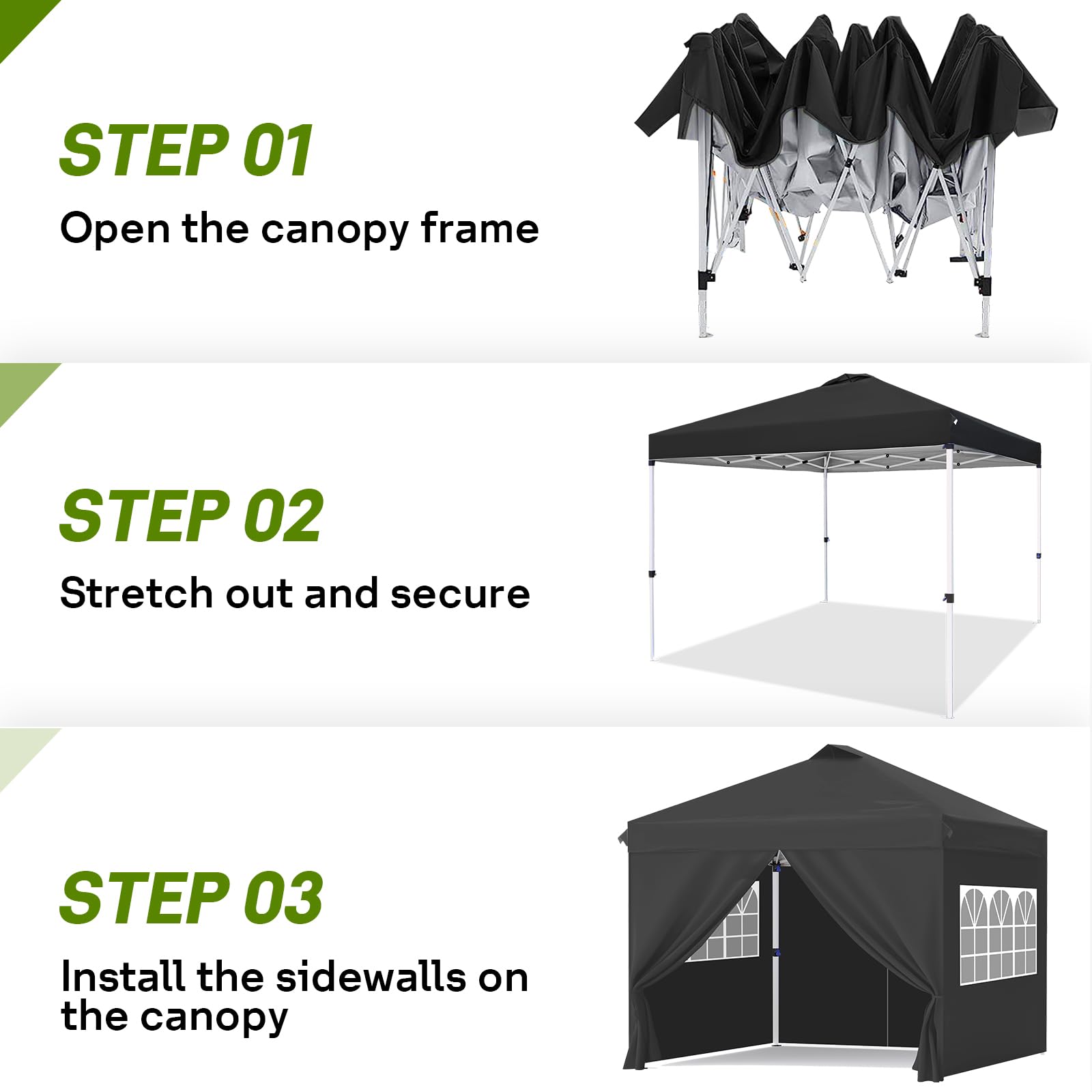Kaen 10x10 Pop Up Canopy with Adjustable Height, Waterproof and UV-Resistant Shelter, 10x10 FT Pop Up Canopy with 4 Side Walls Instant Shade Canopy Tent for Outdoor Events, Camping and Beach (Black)