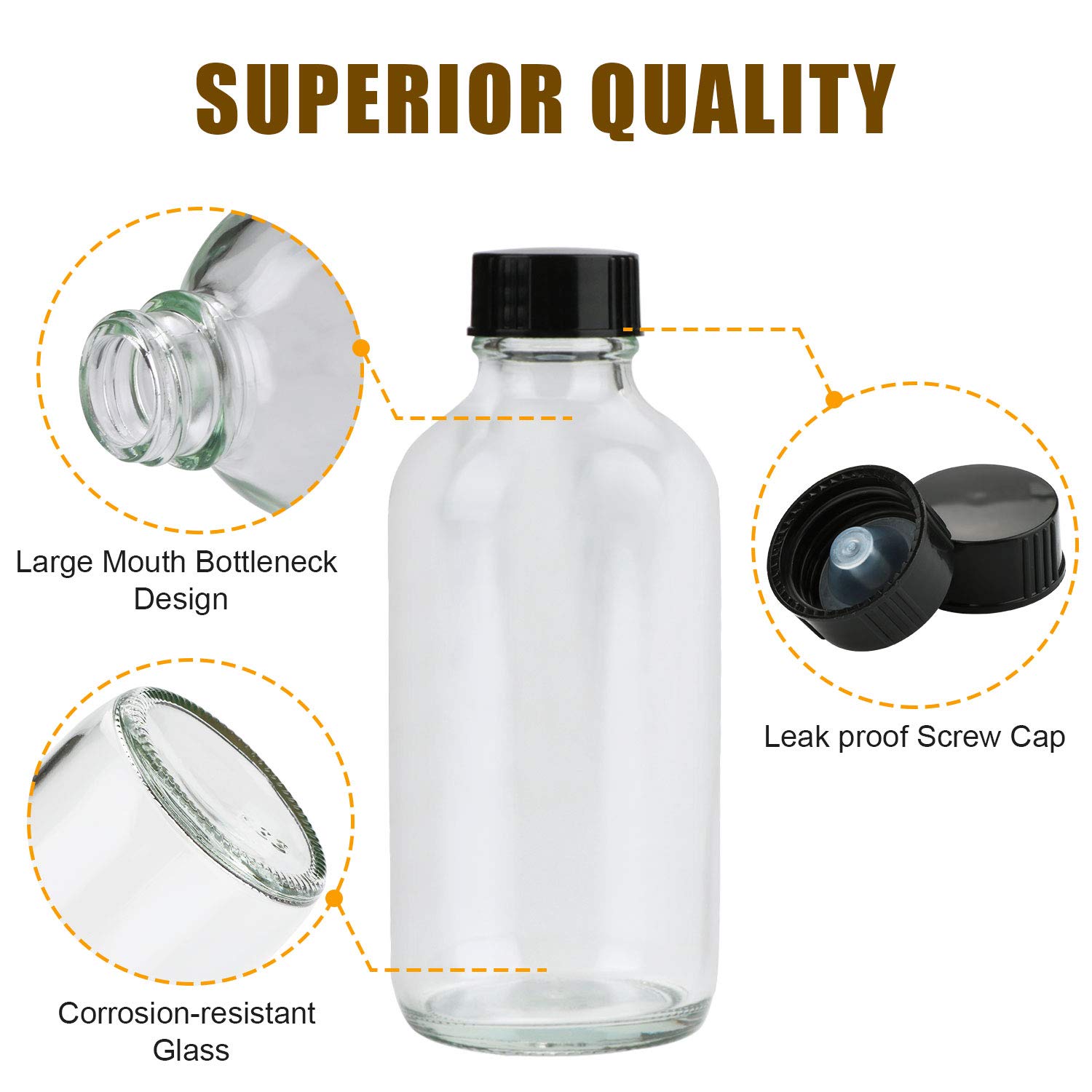 Maredash Clear Glass Bottles, 15 Pack Glass Storage Bottles with Black Lids (15 Labels, 3 Funnels, 3 Droppers, Brush)