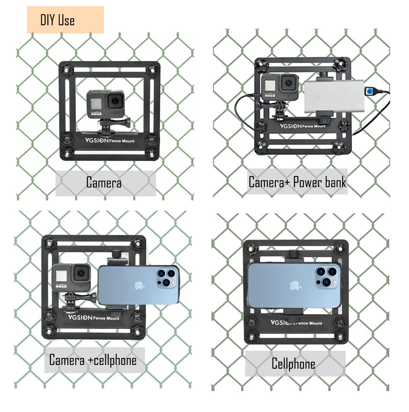 vgsion Baseball Fence Mount for Action Camera and Cellphone Support Charging When Recording, Compatible with GoPro Hero 10, Hero 9, Hero 8, Hero 7, iPhone, Samsung Galaxy