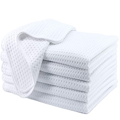 ProHomTex Microfiber Kitchen Dish Hand Towels, Waffle Weave Set of 6 (16” x 28”) Highly Absorbent (White)