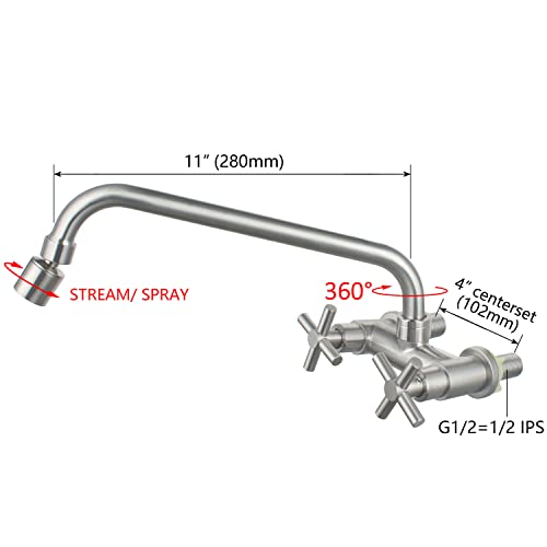 UMANYI Commercial Kitchen Faucets Wall Mount 4 inch Center Stainless Steel Brushed Nickel 2 Handle Utility Laundry Sink Bar Pre Faucet 11" Spout with Aerator SSKF09-3CZ