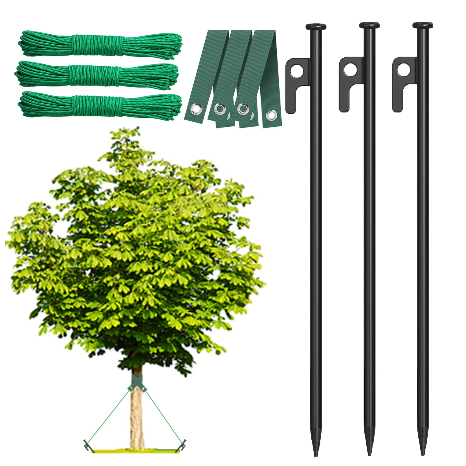 Tree Stakes Kit, Heavy Duty Tent Stake Tree Staking and Supports for Hurricane Protection - Garden Stakes Straightening Kits, Include 3 PCS Straps, 3Pcs Tree Stakes, 3Pcs Rope(16 in)