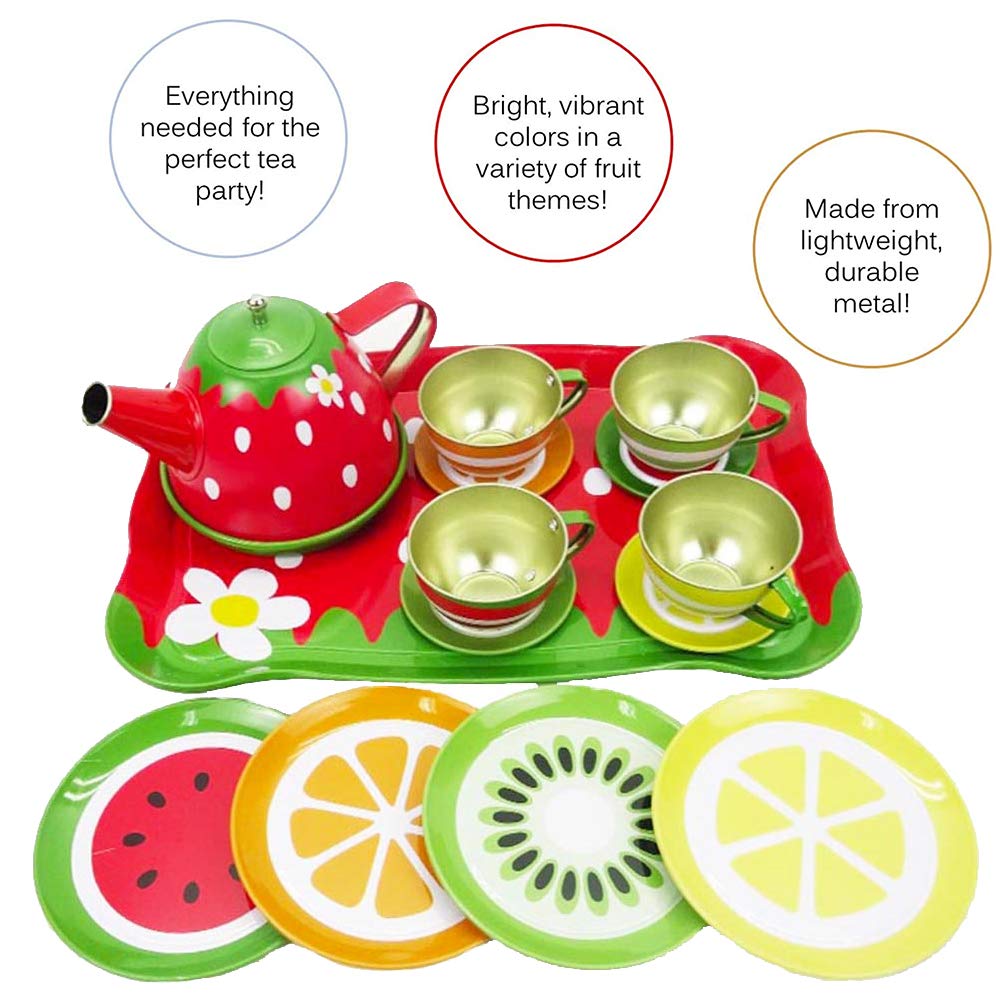 Kids Fruit Themed Tin Tea Party Toy Set - Metal Teapot and Cups for Childrens Kitchen Pretend Play (14 Pieces)