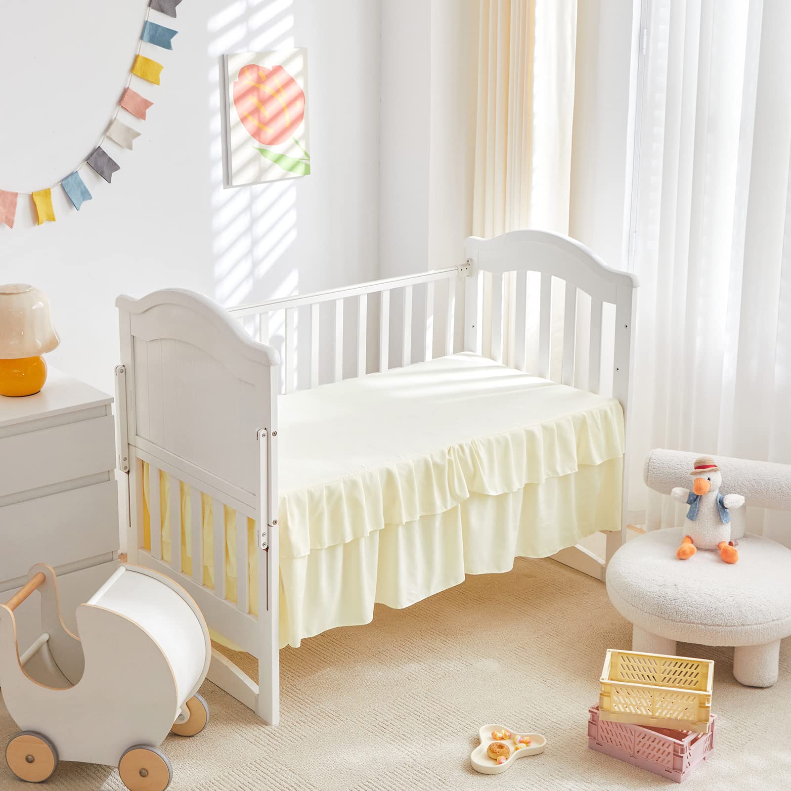 Tufted Ruffle Crib Bedding Set 3 Pieces Baby Boho Quilted Comforter with Fitted Sheet and Bed Skirt - Cute Ruffled Shabby Chic Baby Bedding Soft Blanket Design Cream White with Yellow