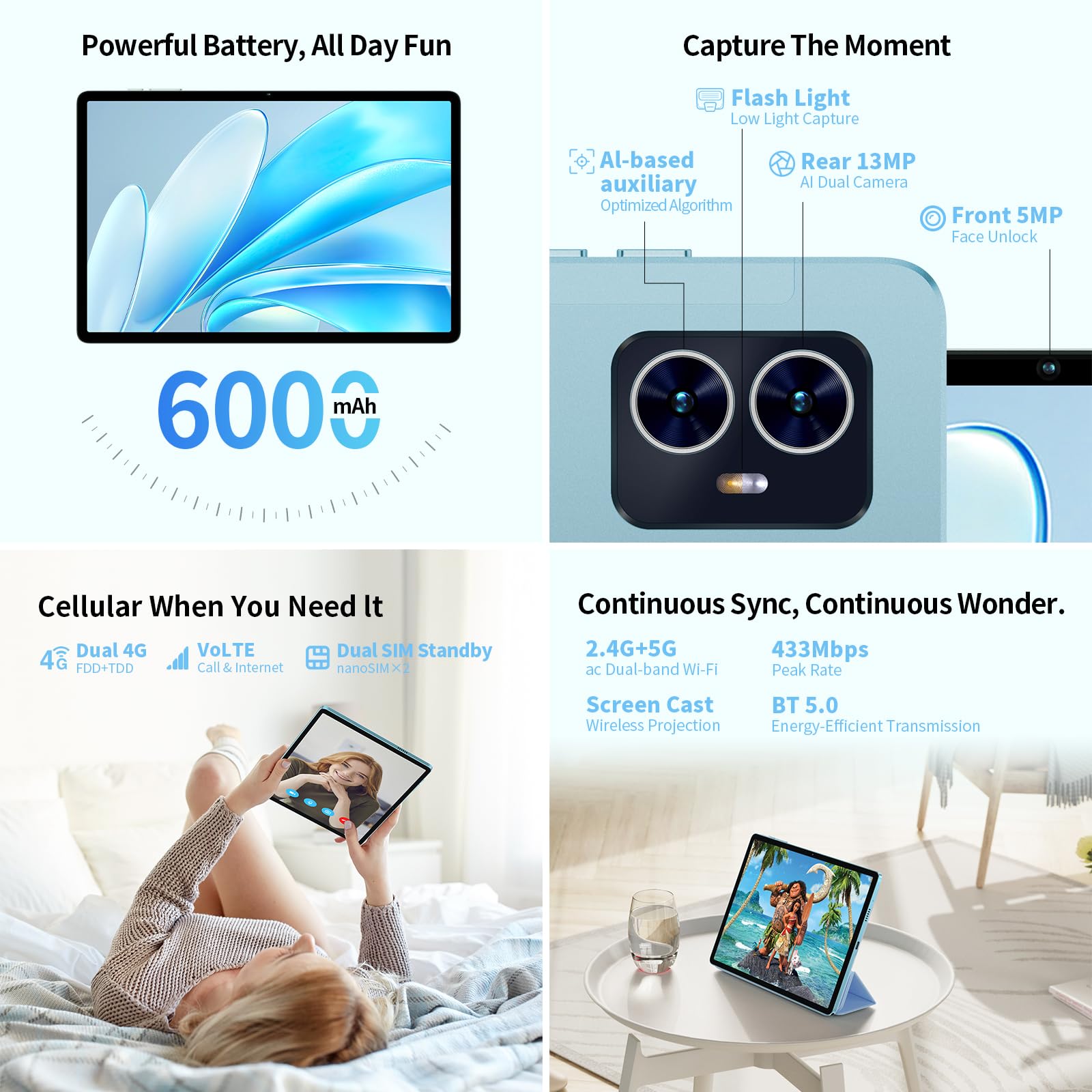 TECLAST Android 12 Tablet 10 inch Tablets P20S, Dual 4G SIM/SD LTE, 4GB RAM+64GB ROM(TF 1TB), 2.0GHz Octa core CPU, 800x1280 FHD, 2.4G/5G WiFi, 2 Speaker, Bluetooth 5.0, GPS, 2+5MP Camera, 6000 mAh