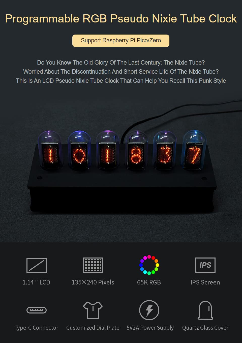 Waveshare Programmable RGB Pseudo Nixie Tube Clock Compatible with Raspberry Pi Pico/Zero Retro Desktop Digital Clock
