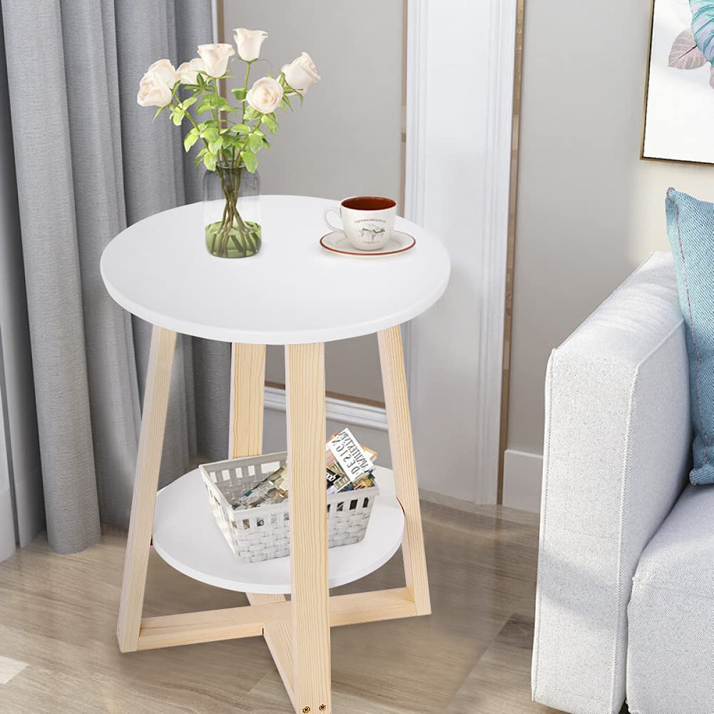 Liusin 2 Tier Round Side Table, Contemporary Multi-Purpose Small Space Round Sofa Coffee Nightstand Table with Storage Shelf and Solid Wood Legs for Home Office Bedroom Living Room(White)