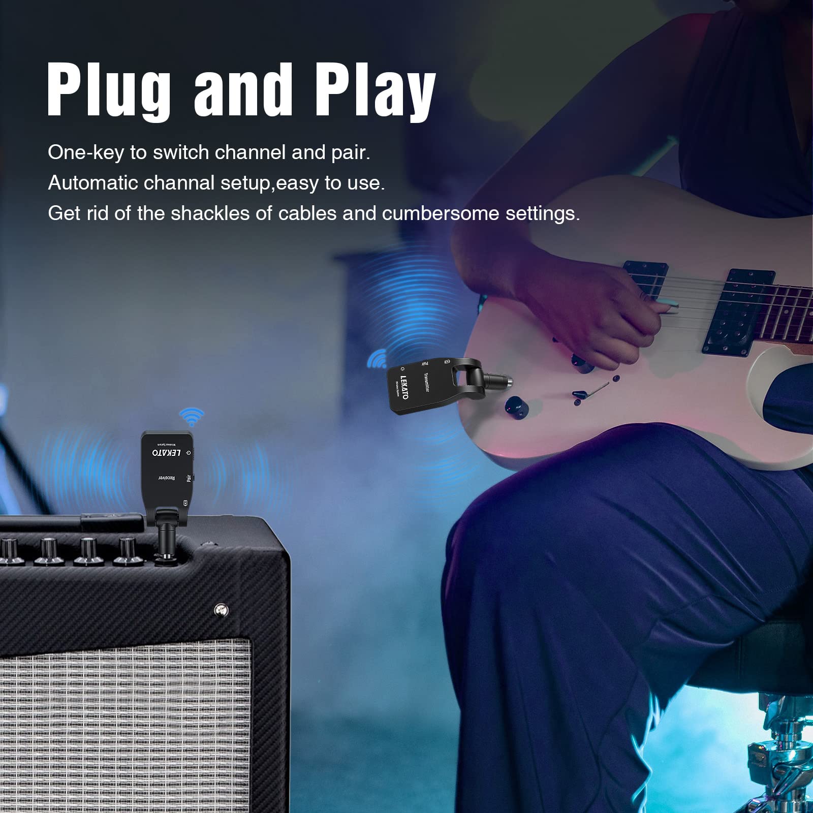 LEKATO Wireless Guitar System 2.4GHz Wireless Guitar Transmitter Receiver with 6 Channels Rechargeable Wireless Audio Digital Guitar System 100 feet Transmission Range for Electric Guitar Bass