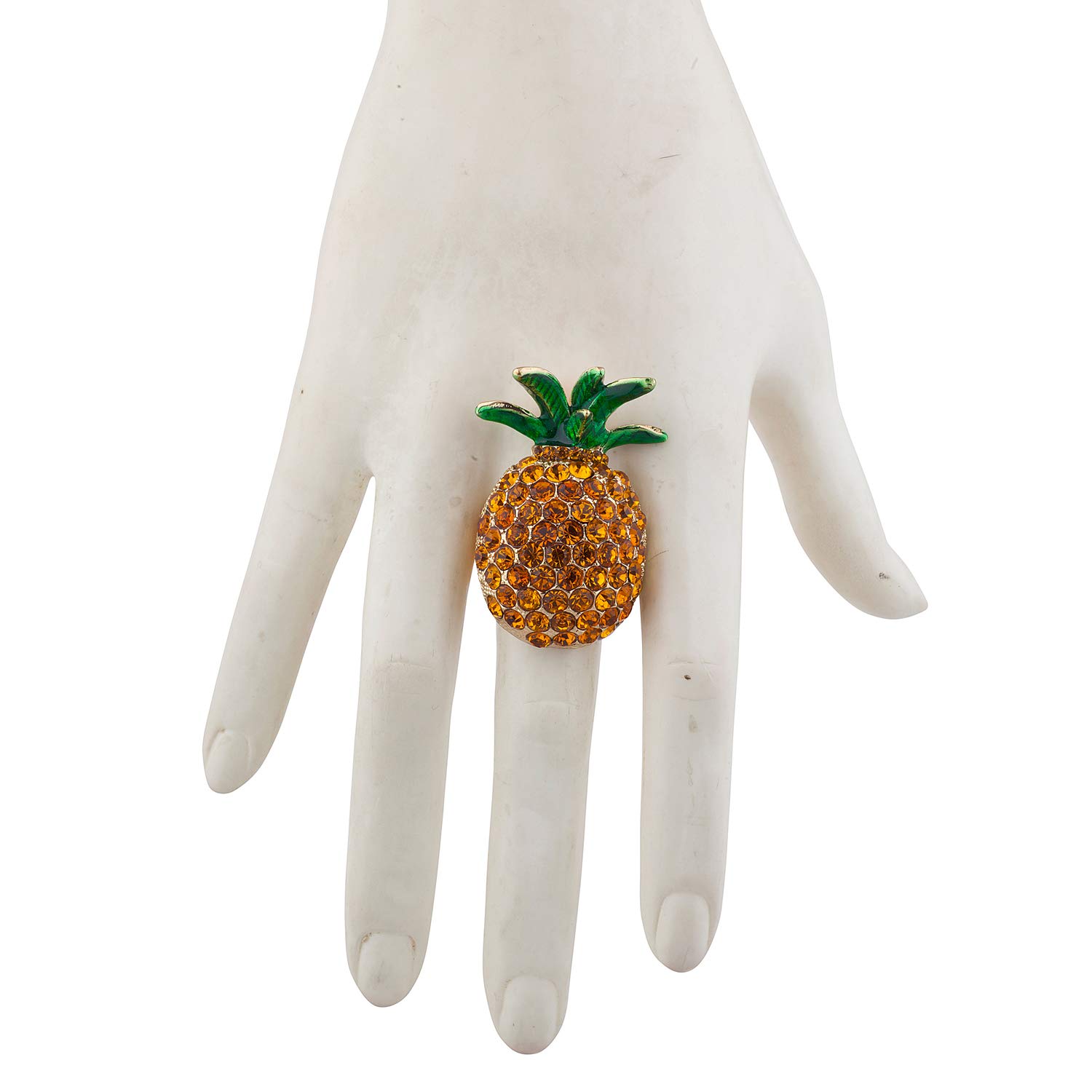LUX ACCESSORIES Goldtone 3D Huge Pineapple Green Leaves Yellow Rhinestones Ring