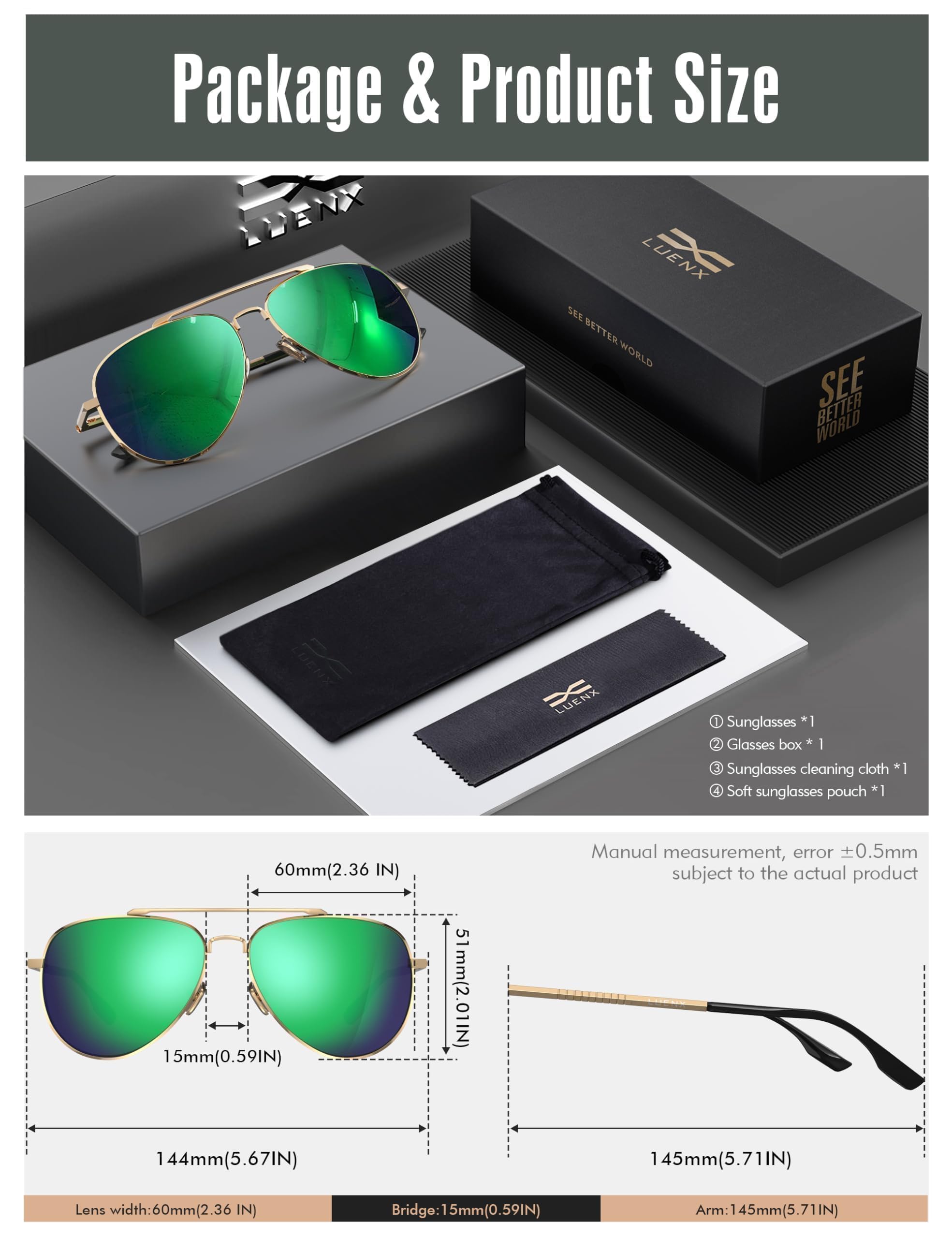 LUENX Men Aviator Sunglasses Polarized Womens Mirror Green Lens Metal Gold Frame Driving Shades Classic Style