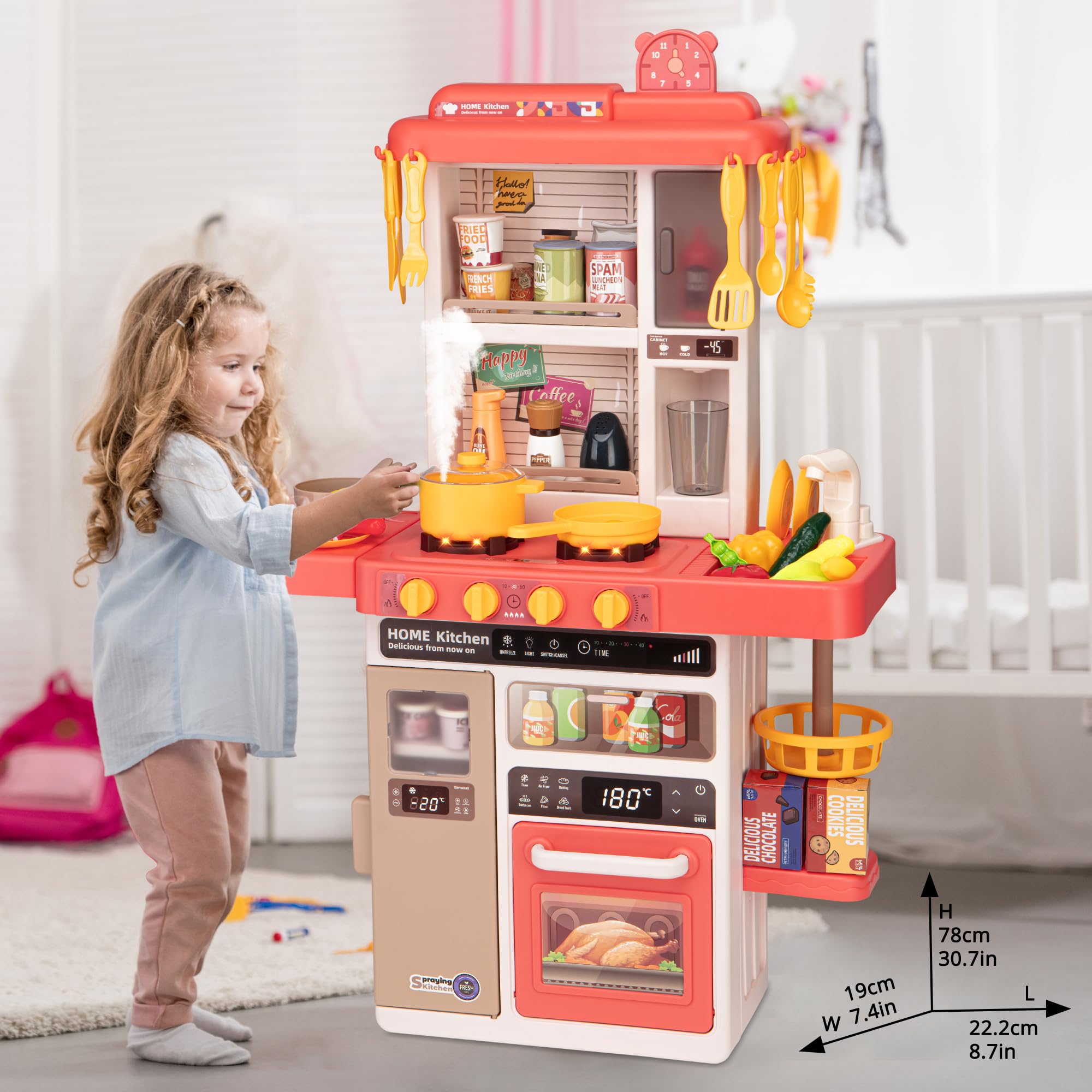 Kids Play Kitchen, Spraying Mist Kitchen Playset with 50+ Pcs Accessories for Toddlers, Interactive Toy Kitchen Set for Girls and Boys Aged 3 4 5 6 7 8 9, Red