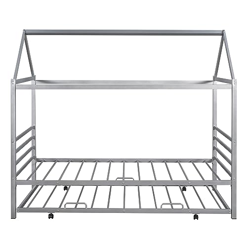 Lifeand Twin Size Metal House Shape Platform Bed with Trundle,Silver