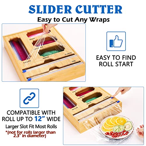 Ziplock Bag Storage Organizer and Wrap Dispenser with Cutter, Bamboo Baggie Organizer and Wrap Holder for Kitchen Drawer, Compatible with Ziploc, Gallon,Quart,Sandwich Bag & Aluminum Foil Plastic Wax