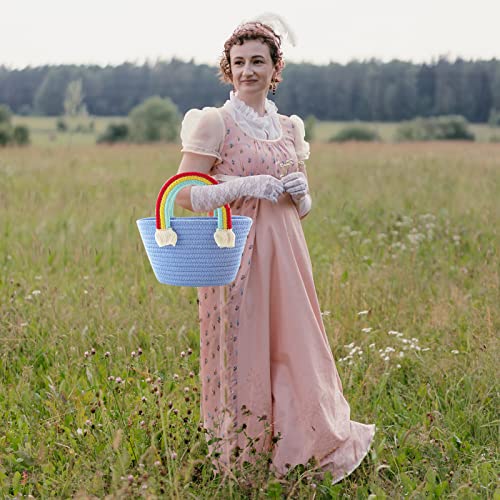 QTK Beach Tote Handmade Cotton Woven Rainbow Bag, Summer Beach Bags for Women, Color Tassel Rainbow Handle(Blue)